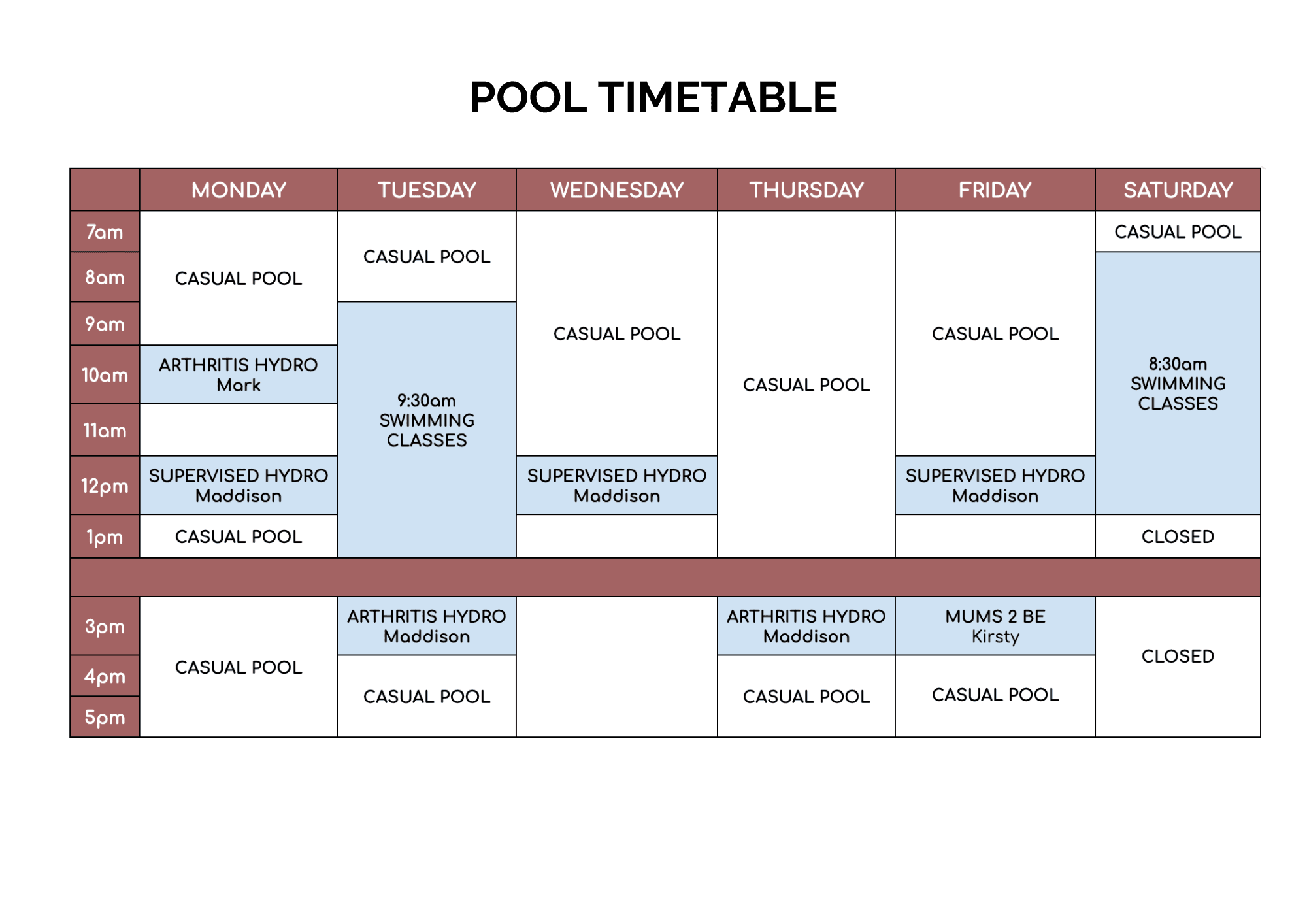 Gym & Pool Timetable - Kalamunda Physiotherapy Centre
